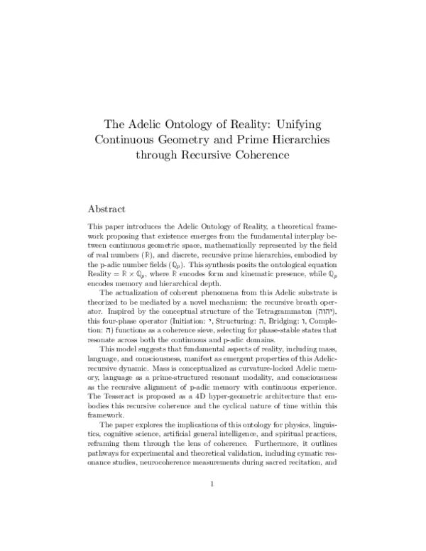 (PDF) The Adelic Ontology of Reality: Unifying Continuous Geometry and Prime Hierarchies through ...