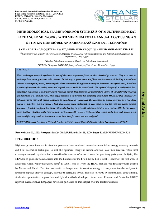 (PDF) Methodological Framework for Synthesis of Multiperiod Heat Exchanger Networks with Minimum ...