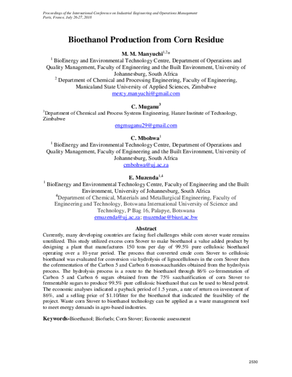 (PDF) Bioethanol production from corn residue