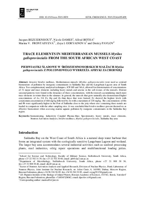 (PDF) Trace Elements in Mediterranean Mussels Mytilus galloprovincialis from the South African ...
