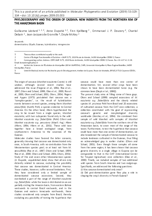 (PDF) Phylogeography and the origin of cassava: New insights from the ...