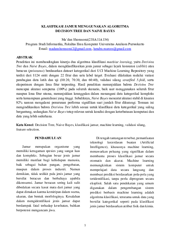 (PDF) KLASIFIKASI JAMUR MENGGUNAKAN ALGORITMA DECISION TREE DAN NAIVE BAYES