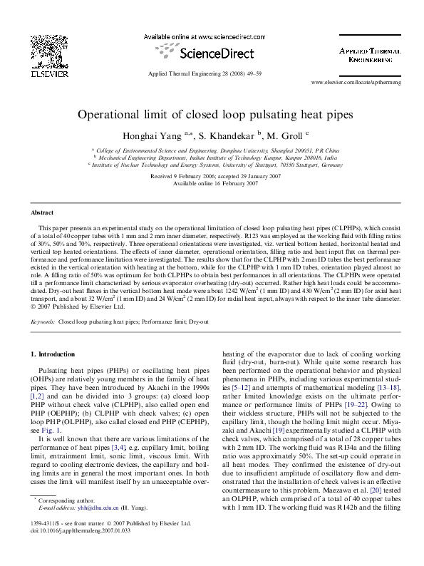 (PDF) Operational limit of closed loop pulsating heat pipes