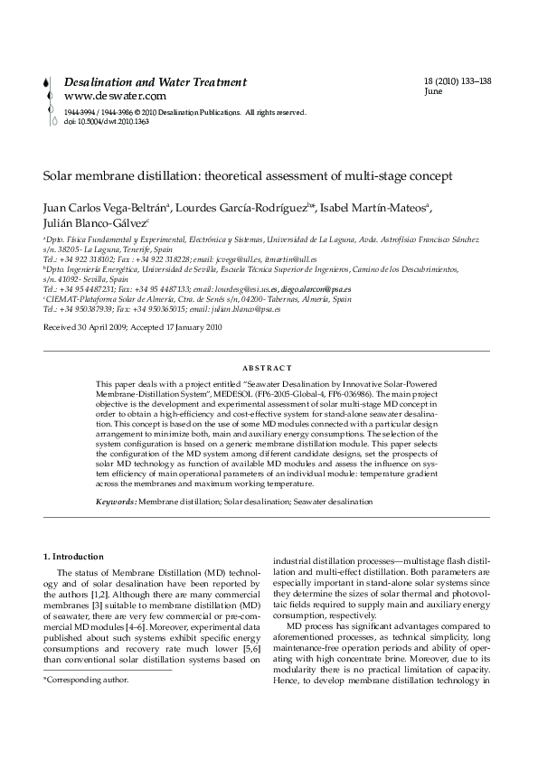 (PDF) Solar membrane distillation: theoretical assessment of multi ...