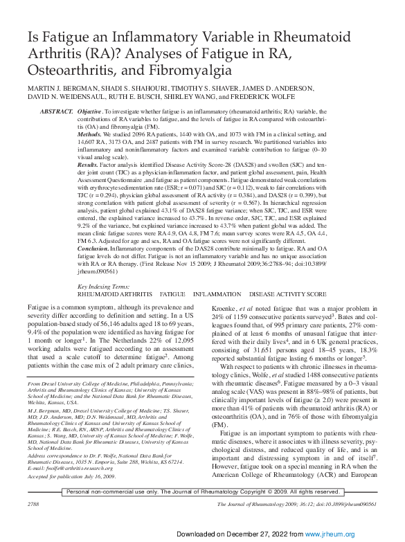 (PDF) Is Fatigue an Inflammatory Variable in Rheumatoid Arthritis (RA ...