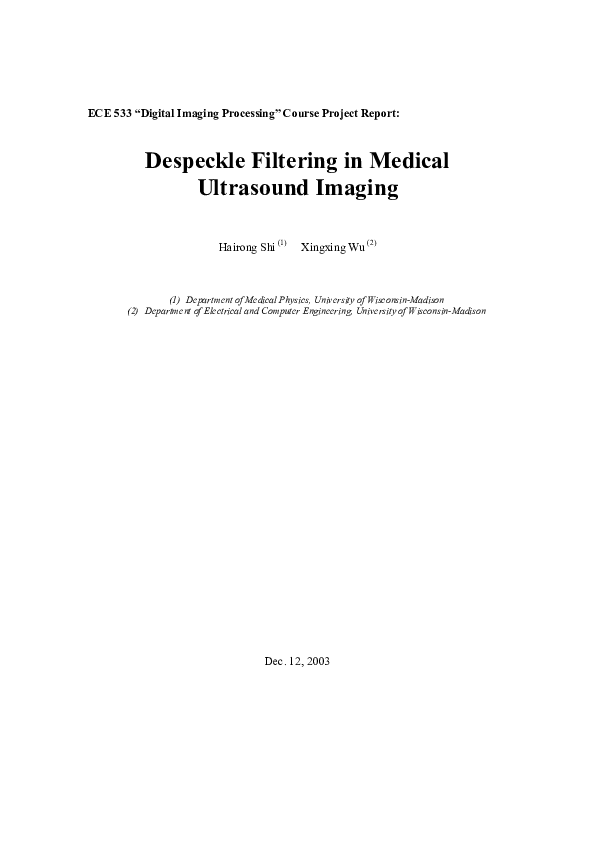 (PDF) Despeckle Filtering In Medical Ultrasound Imaging