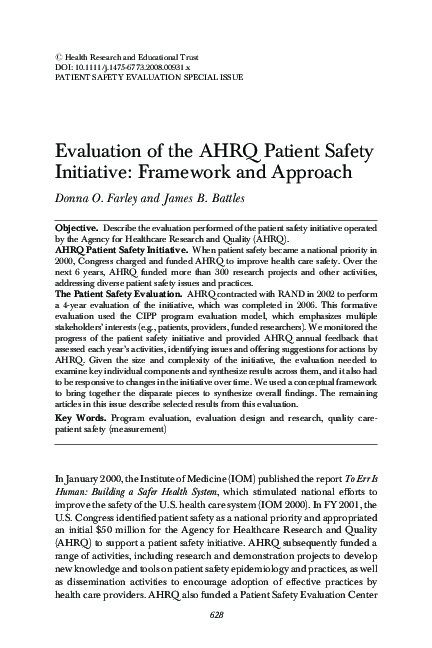 (PDF) Evaluation of the AHRQ Patient Safety Initiative: Framework and ...