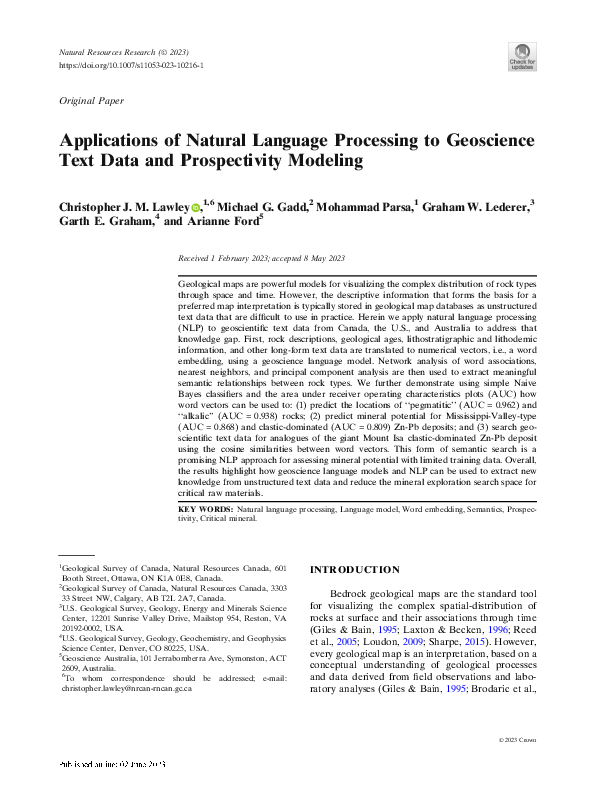 (PDF) Applications of Natural Language Processing to Geoscience Text Data and Prospectivity Modeling