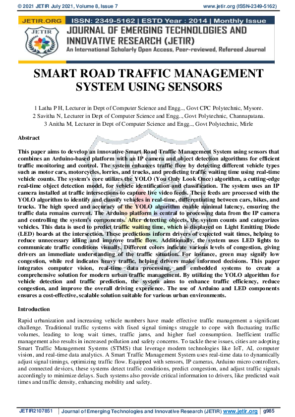 (PDF) SMART ROAD TRAFFIC MANAGEMENT SYSTEM USING SENSORS