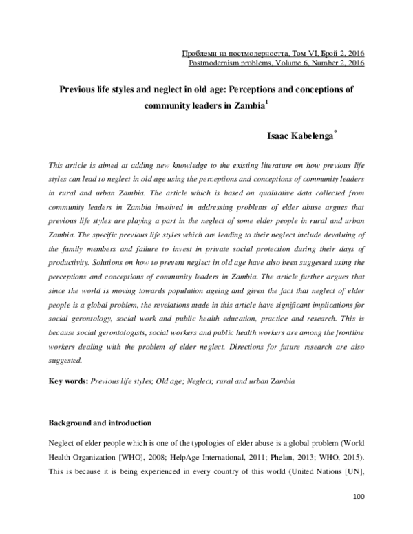 (PDF) Previous life styles and neglect in old age: Perceptions and ...