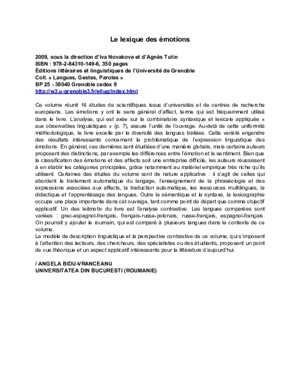 (PDF) Le Lexique des émotions