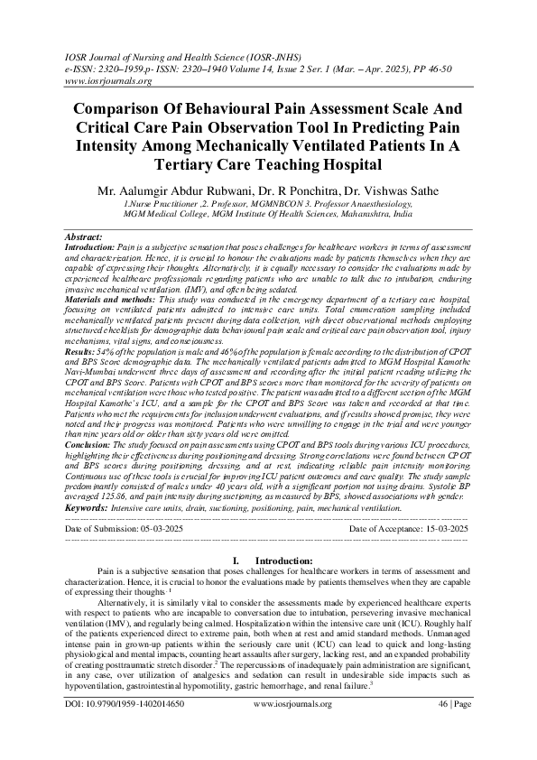 (PDF) Comparison Of Behavioural Pain Assessment Scale And Critical Care ...