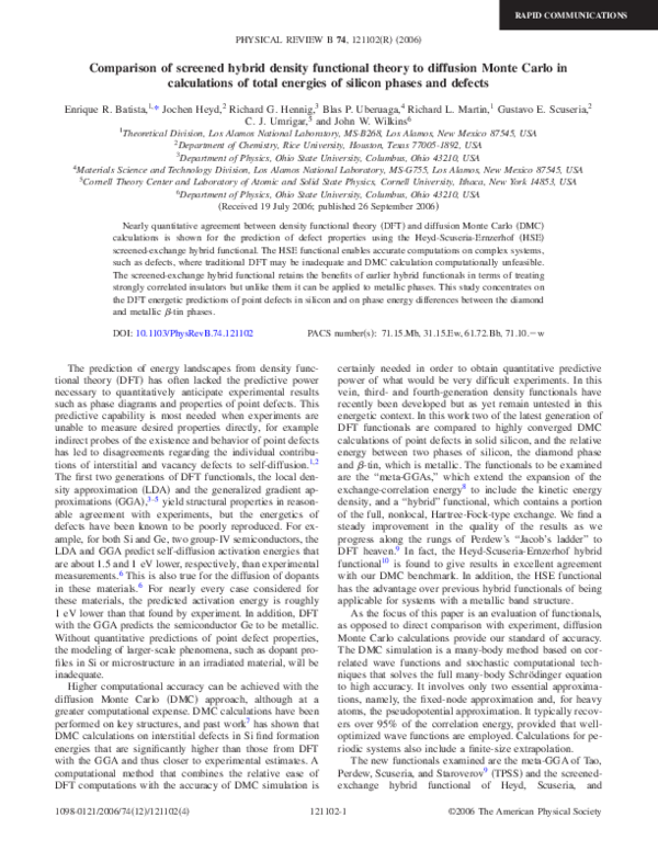 (PDF) Comparison of screened hybrid density functional theory to diffusion Monte Carlo in ...