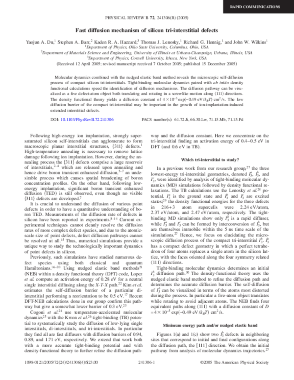 (PDF) Fast diffusion mechanism of silicon tri-interstitial defects