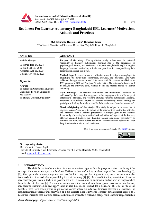 (PDF) Readiness For Learner Autonomy: Bangladeshi EFL Learners' Motivation, Attitude and Practices