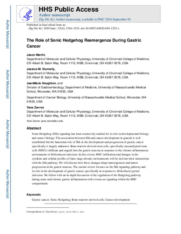 (PDF) The Role of Sonic Hedgehog Reemergence During Gastric Cancer
