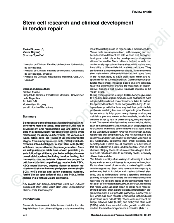 (PDF) Stem cell research and clinical development in tendon repair