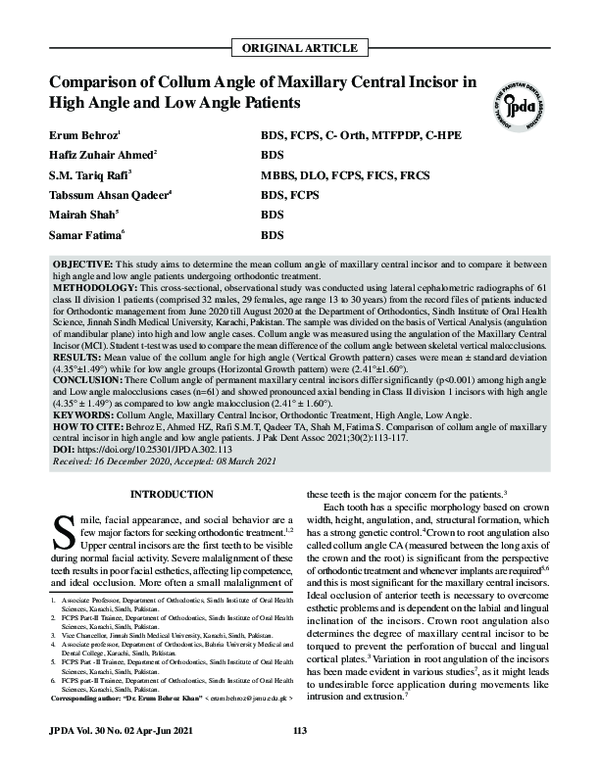 (PDF) Comparison of Collum Angle of Maxillary Central Incisor in High ...