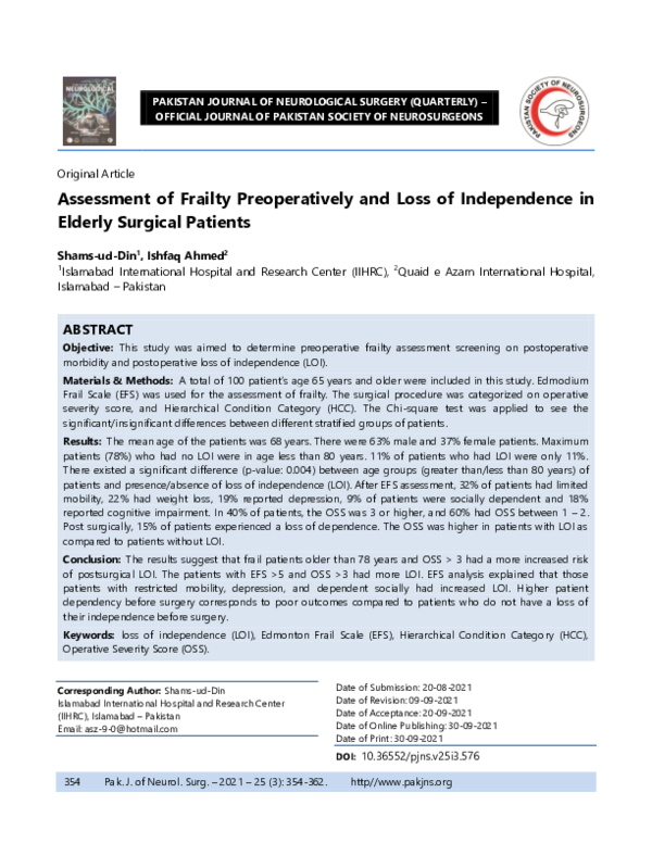 (PDF) Assessment of Frailty Preoperatively and Loss of Independence in ...