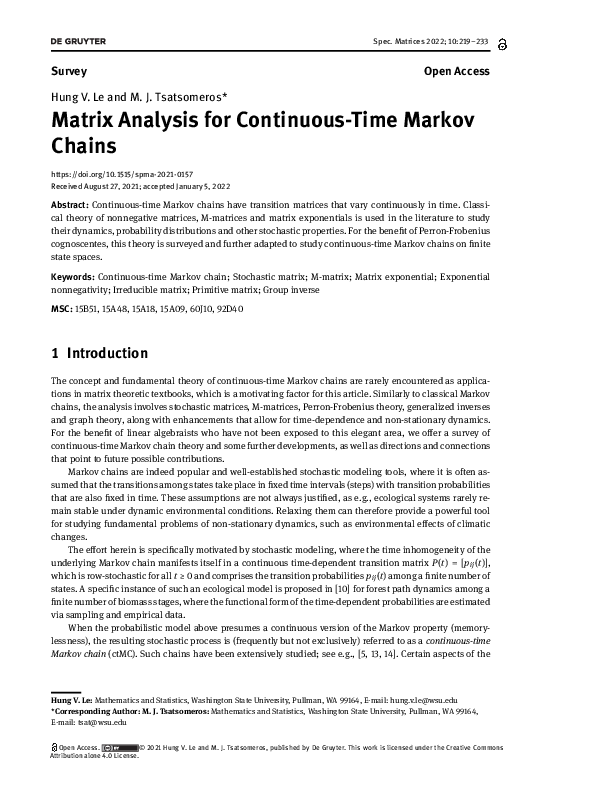 (PDF) Matrix Analysis for Continuous-Time Markov Chains