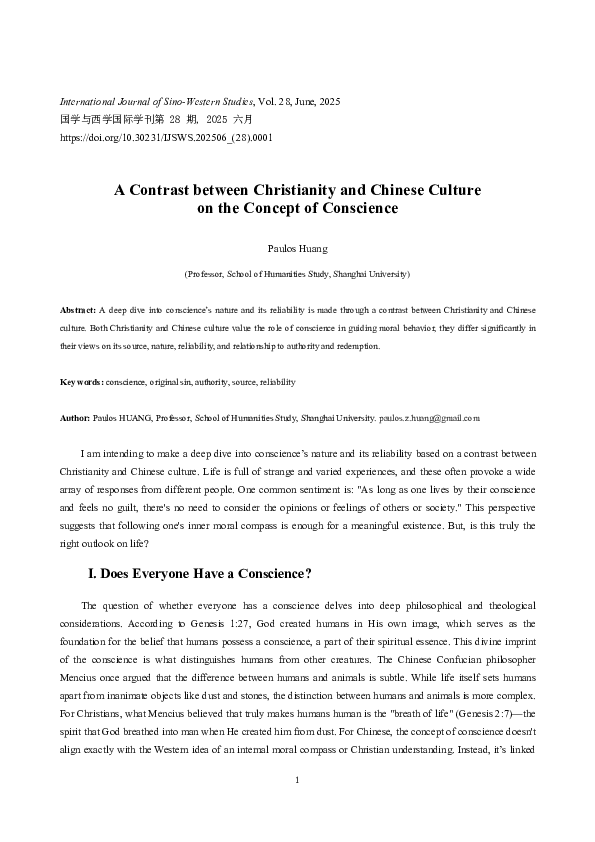 (PDF) A Contrast between Christianity and Chinese Culture on the Concept of Conscience