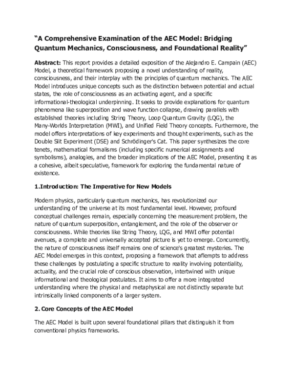 (PDF) "A Comprehensive Examination of the AEC Model: Bridging Quantum Mechanics, Consciousness ...