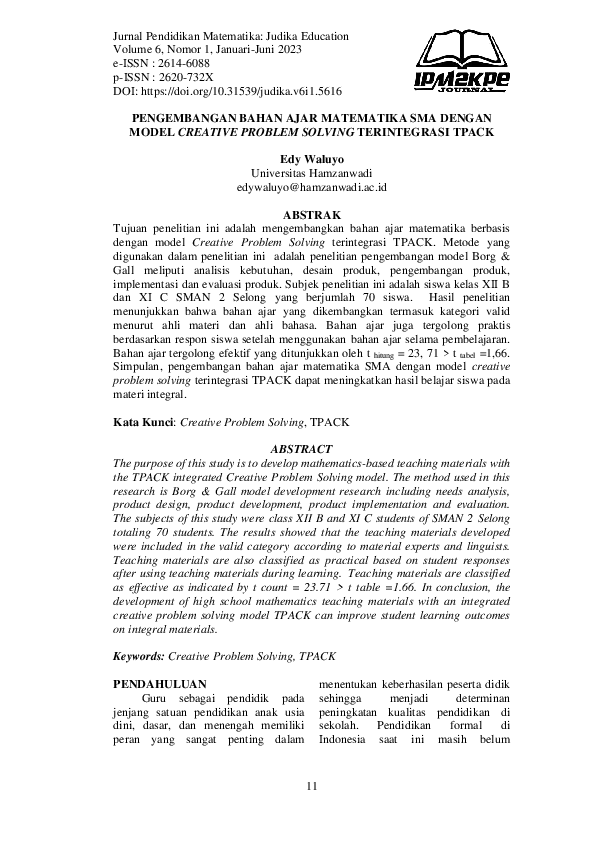 (PDF) Pengembangan Bahan Ajar Matematika SMA dengan Model Creative Problem Solving Terintegrasi ...