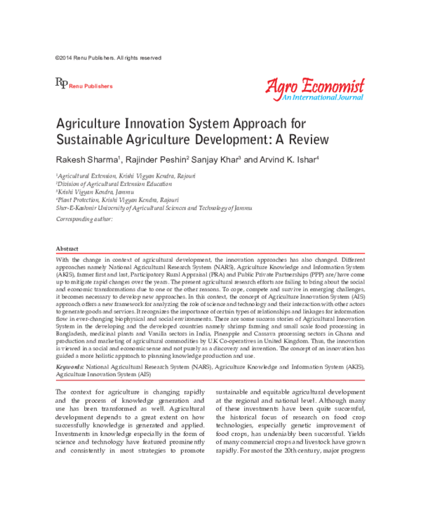 (PDF) Agriculture Innovation System Approach for Sustainable ...