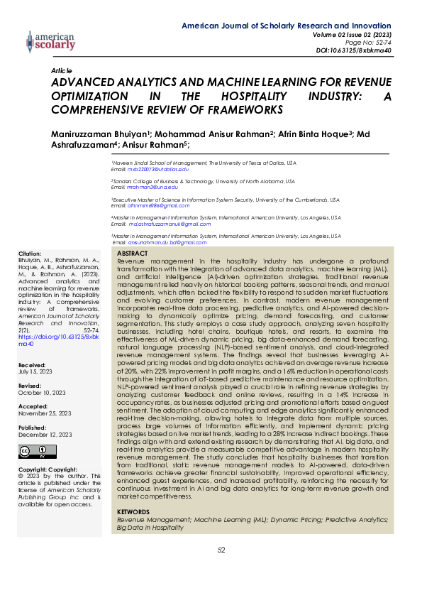 (PDF) ADVANCED ANALYTICS AND MACHINE LEARNING FOR REVENUE OPTIMIZATION IN THE HOSPITALITY ...