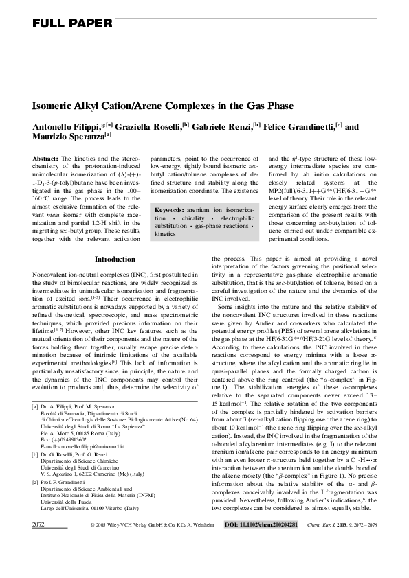 (PDF) Isomeric Alkyl Cation/Arene Complexes in the Gas Phase