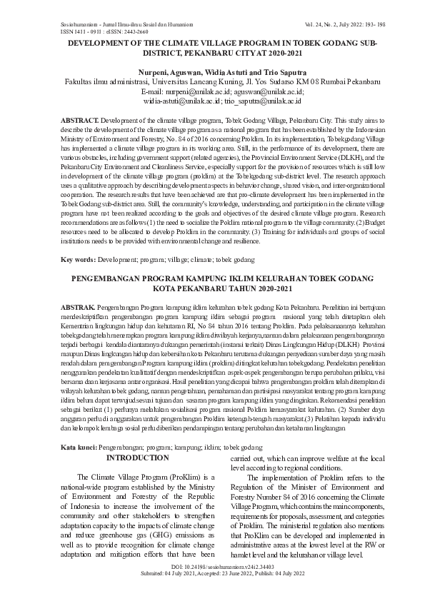 (PDF) Development of the Climate Village Program in Tobek Godang Sub ...