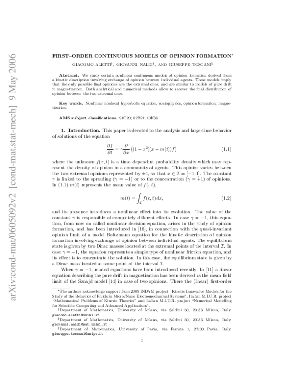 (PDF) First‐Order Continuous Models of Opinion Formation