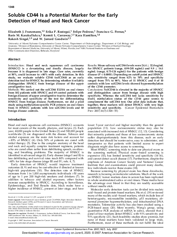 (PDF) Soluble CD44 Is a Potential Marker for the Early Detection of ...