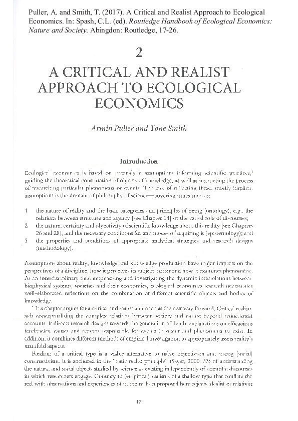 (PDF) A Critical and Realist Approach to Ecological Economics