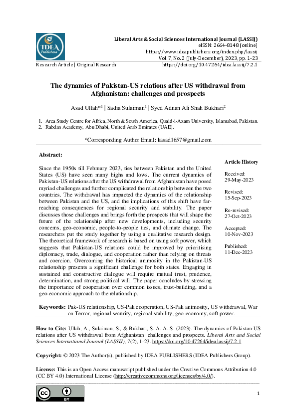 (PDF) Dynamics of Pakistan-US relations after US withdrawal from ...