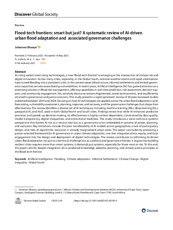 (PDF) Flood-tech frontiers: smart but just? A systematic review of AI-driven urban flood ...