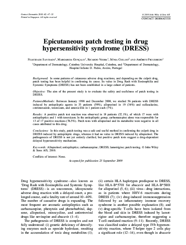 (PDF) Epicutaneous patch testing in drug hypersensitivity syndrome (DRESS)