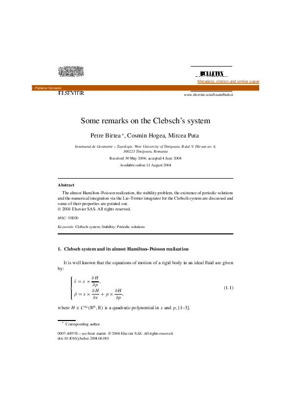 (PDF) Some remarks on the Clebsch's system