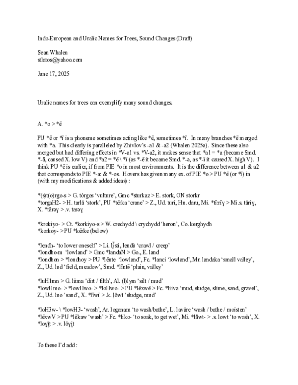 (PDF) Indo-European and Uralic Names for Trees, Sound Changes (Draft)