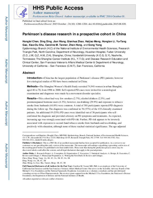 (PDF) Parkinson's disease research in a prospective cohort in China