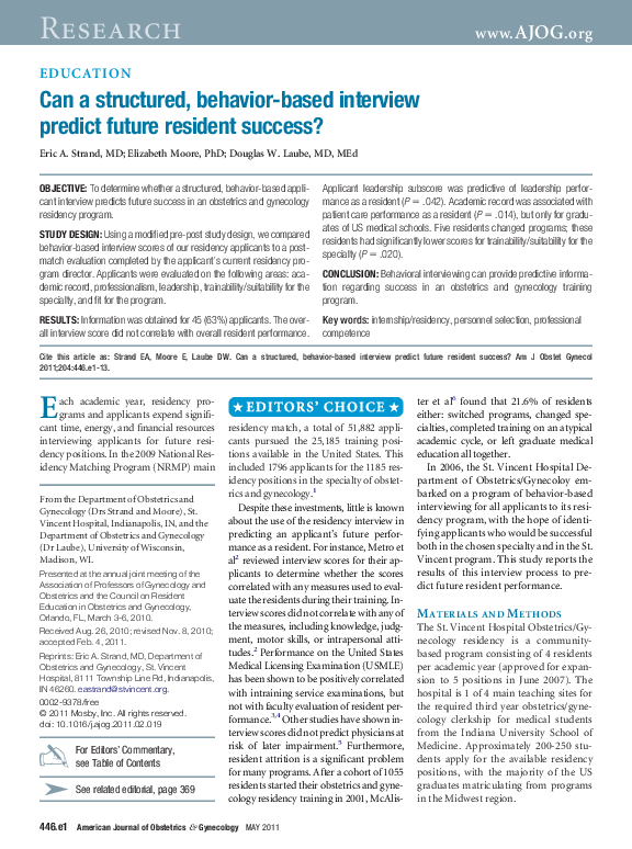 (PDF) Can a structured, behavior-based interview predict future resident success?