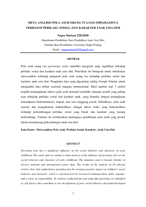 (PDF) META ANALISIS POLA ASUH ORANG TUA DAN IMPLIKASINYA TERHADAP PERILAKU SOSIAL, DAN KARAKTER ...