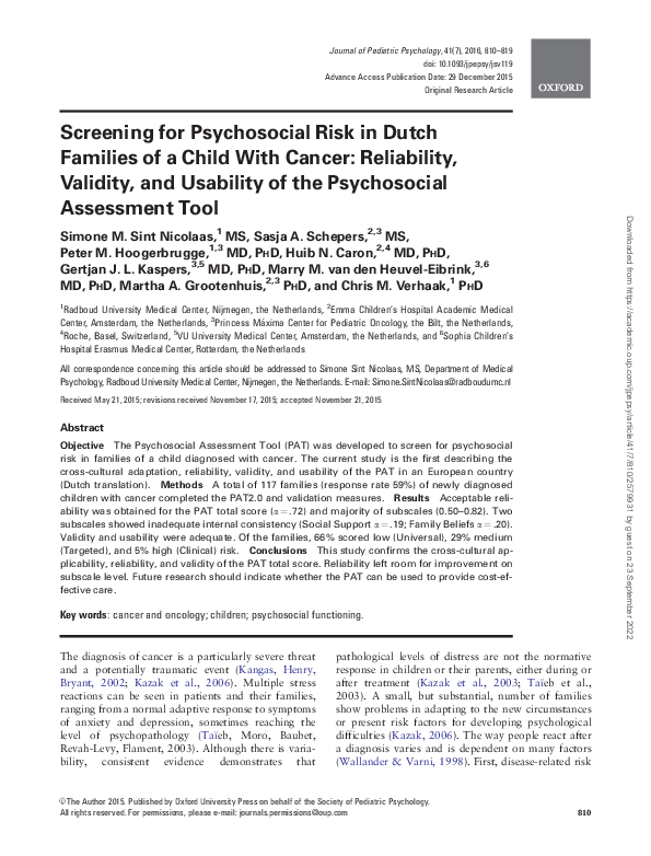 (PDF) Screening for Psychosocial Risk in Dutch Families of a Child With ...