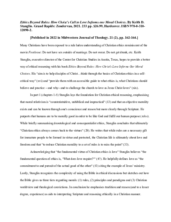 (PDF) REVIEW of Keith Stanglin, Ethics Beyond Rules