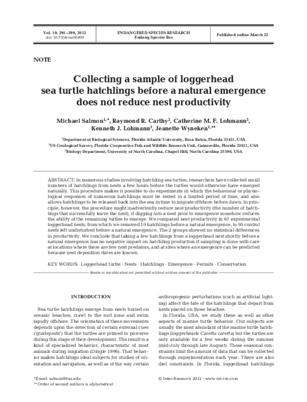 (PDF) Collecting a sample of loggerhead sea turtle hatchlings before a ...
