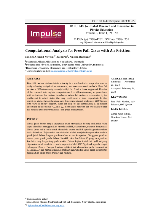 (PDF) Computational Analysis of Free Fall Motion with Air Friction ...