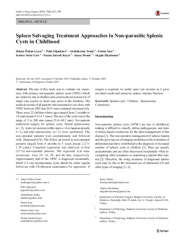 (PDF) Spleen Salvaging Treatment Approaches in Non-parasitic Splenic ...