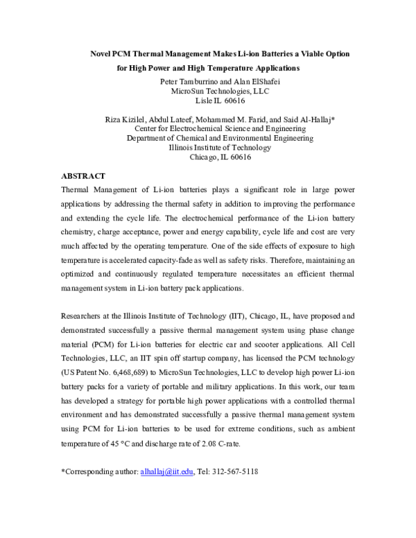 (PDF) Novel PCM Thermal Management Makes Li-ion Batteries a Viable ...