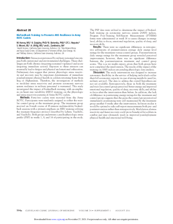 (PDF) Biofeedback Training to Promote ANS Resilience in Army ROTC Cadets