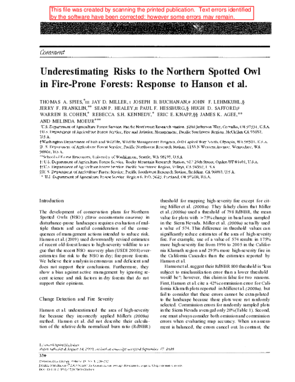 (PDF) Underestimating Risks to the Northern Spotted Owl in Fire‐Prone ...